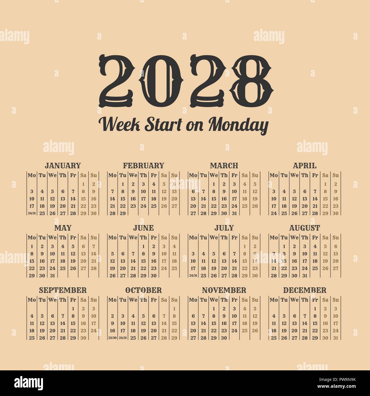 2028 year calendar in the vintage style on a beige background Stock ...