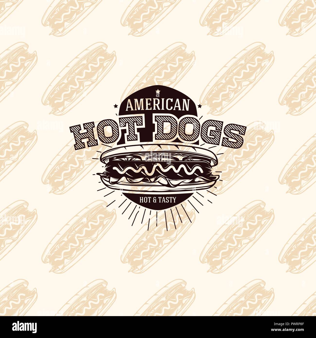 American hot dogs logo on seamless pattern fast food, vector ...