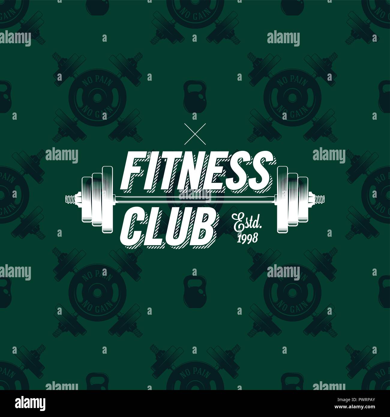 Fitness club logo on seamless pattern with dumbbells, vector ...