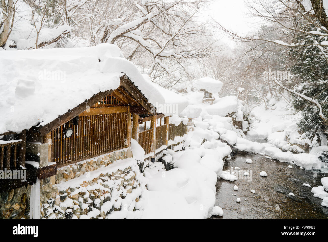 beautiful outdoor hot spring under havy snow, Takaragawa onsen, Gunma ...