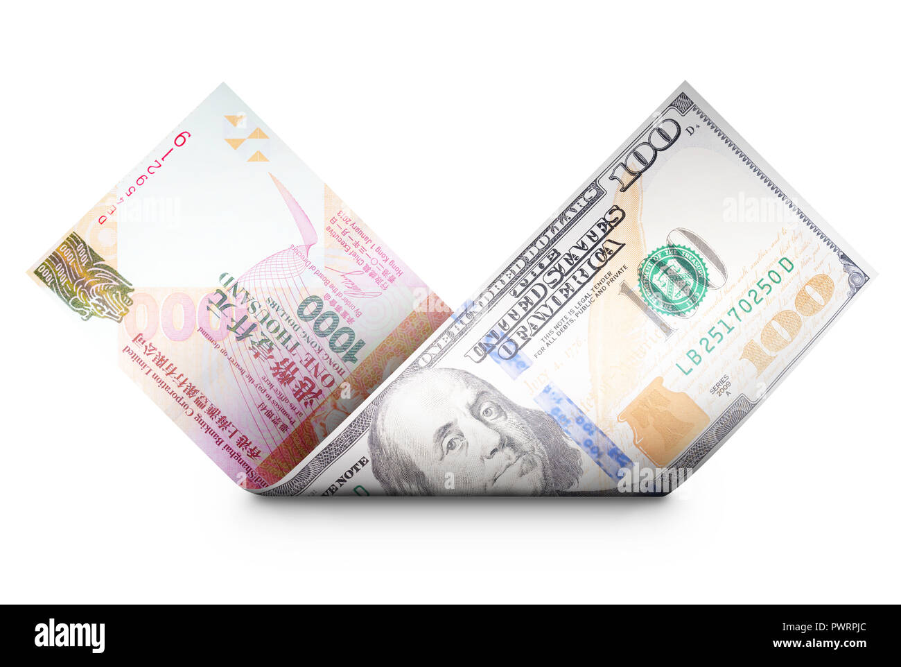 Two money bills aligned on top of each other and bended so that it ...