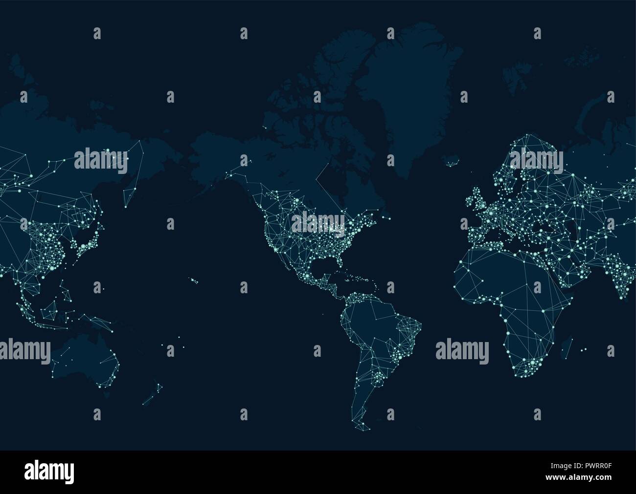 Communications network map of the world, Centered in the American ...