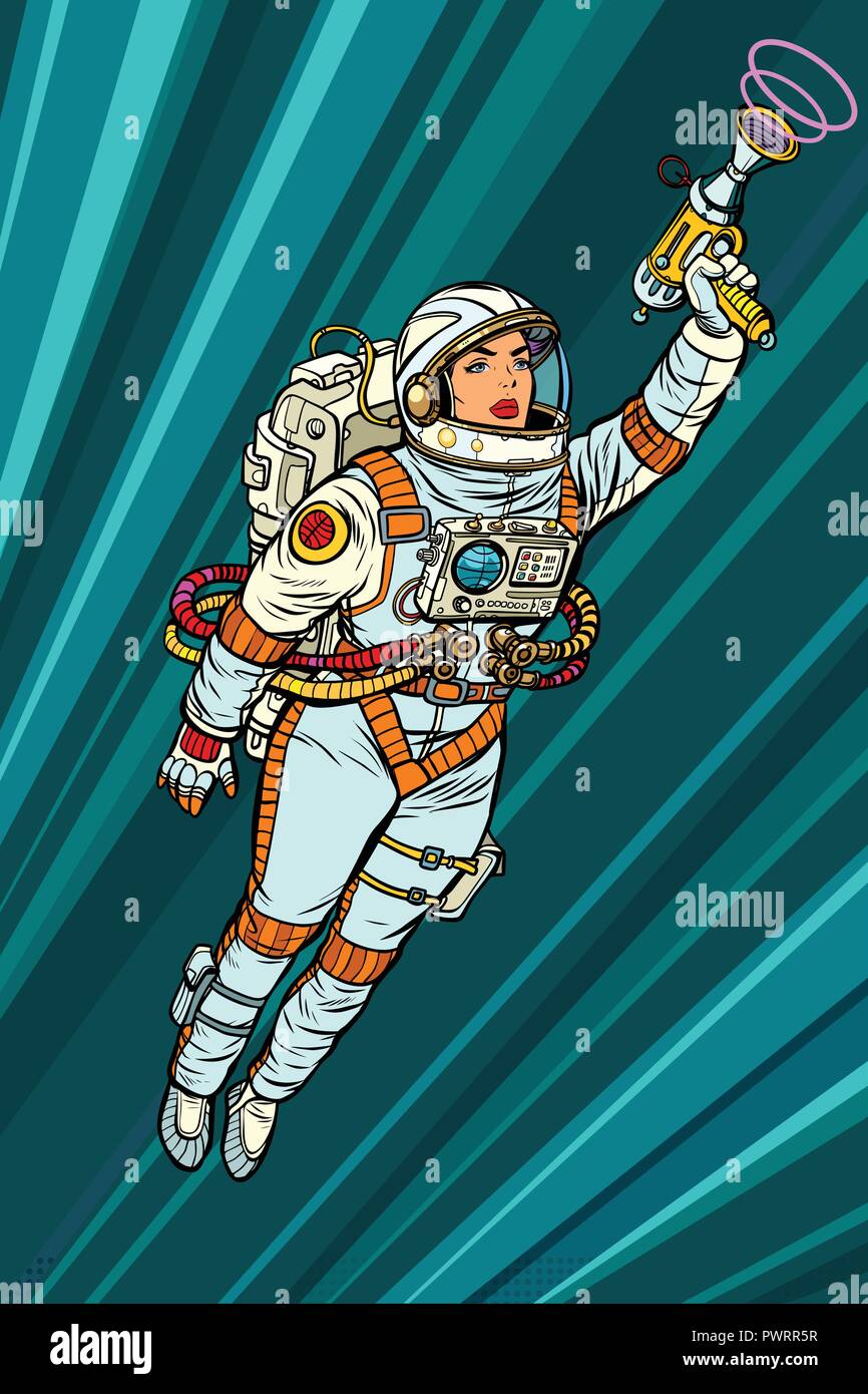 Superhero woman astronaut paratrooper with Blaster, science fict Stock ...