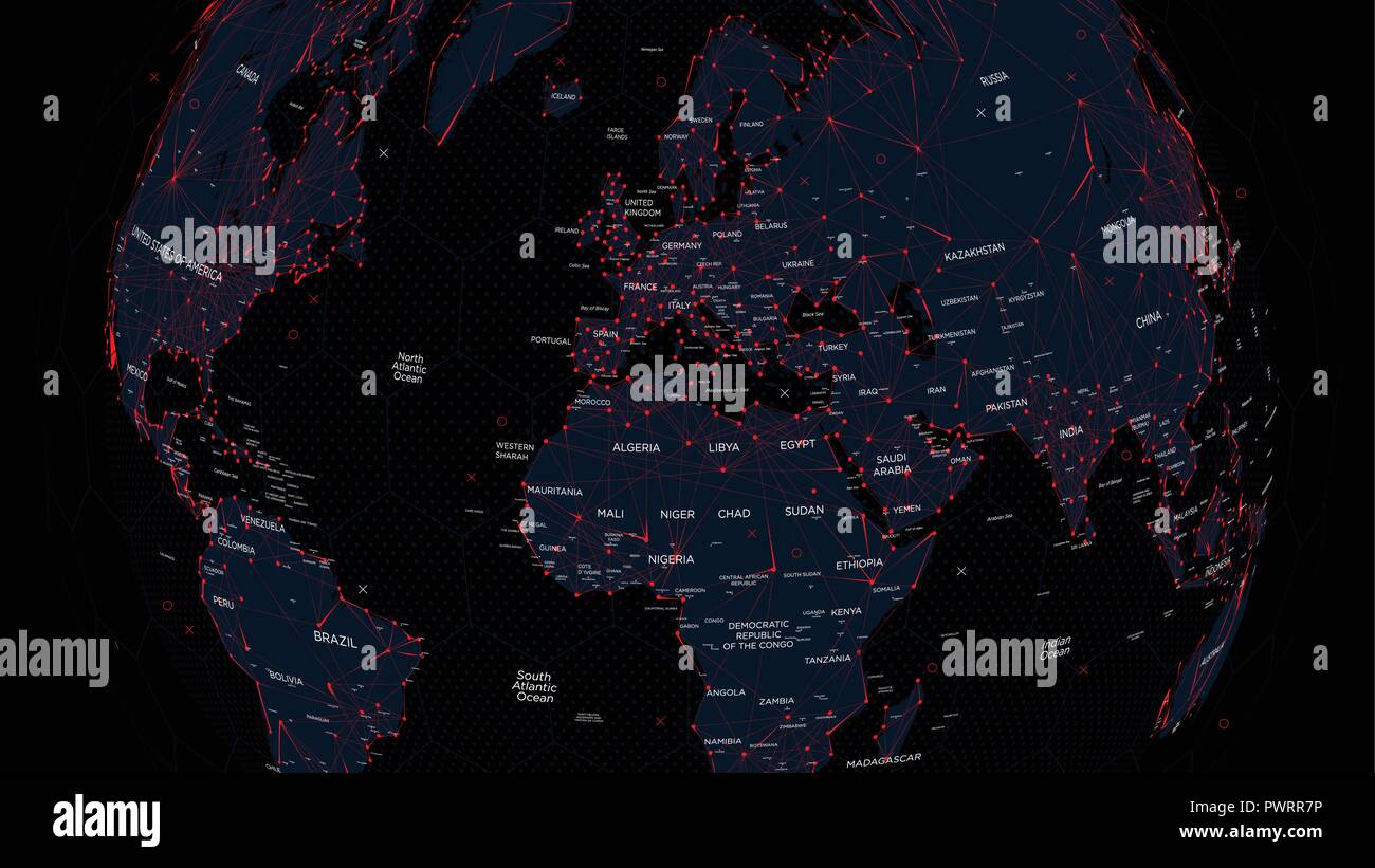 Futuristic interface world map with global technology and telecommunication network futuristic ...