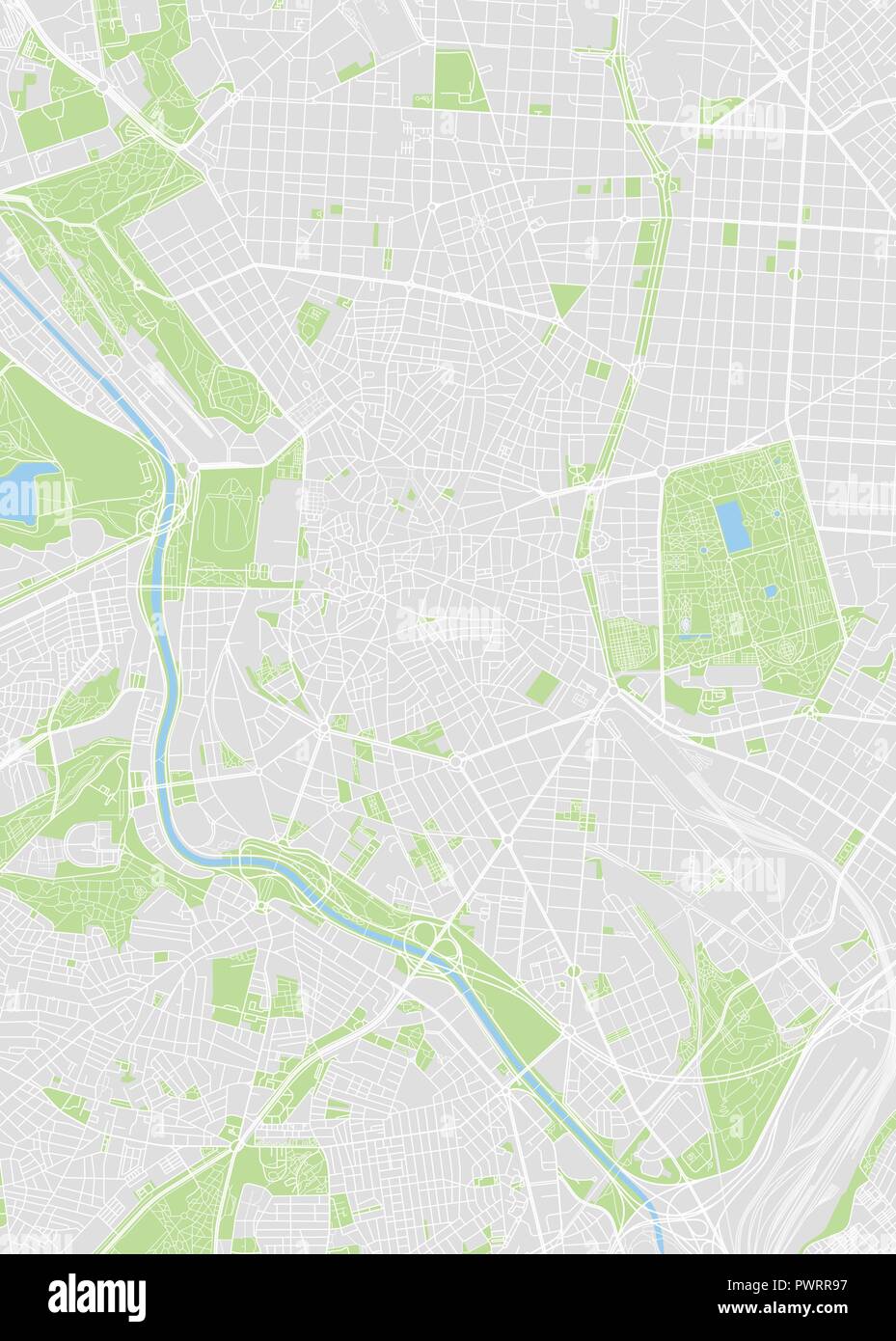Madrid colored vector map detailed plan of the city, rivers and streets ...