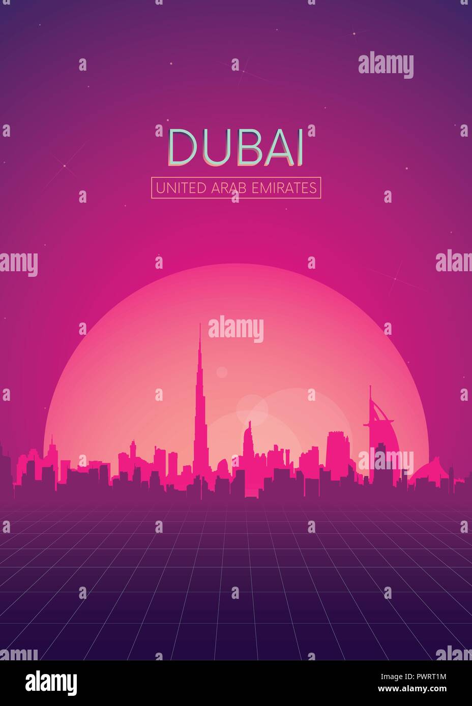 Travel poster vectors illustrations, Futuristic retro skyline Dubai ...