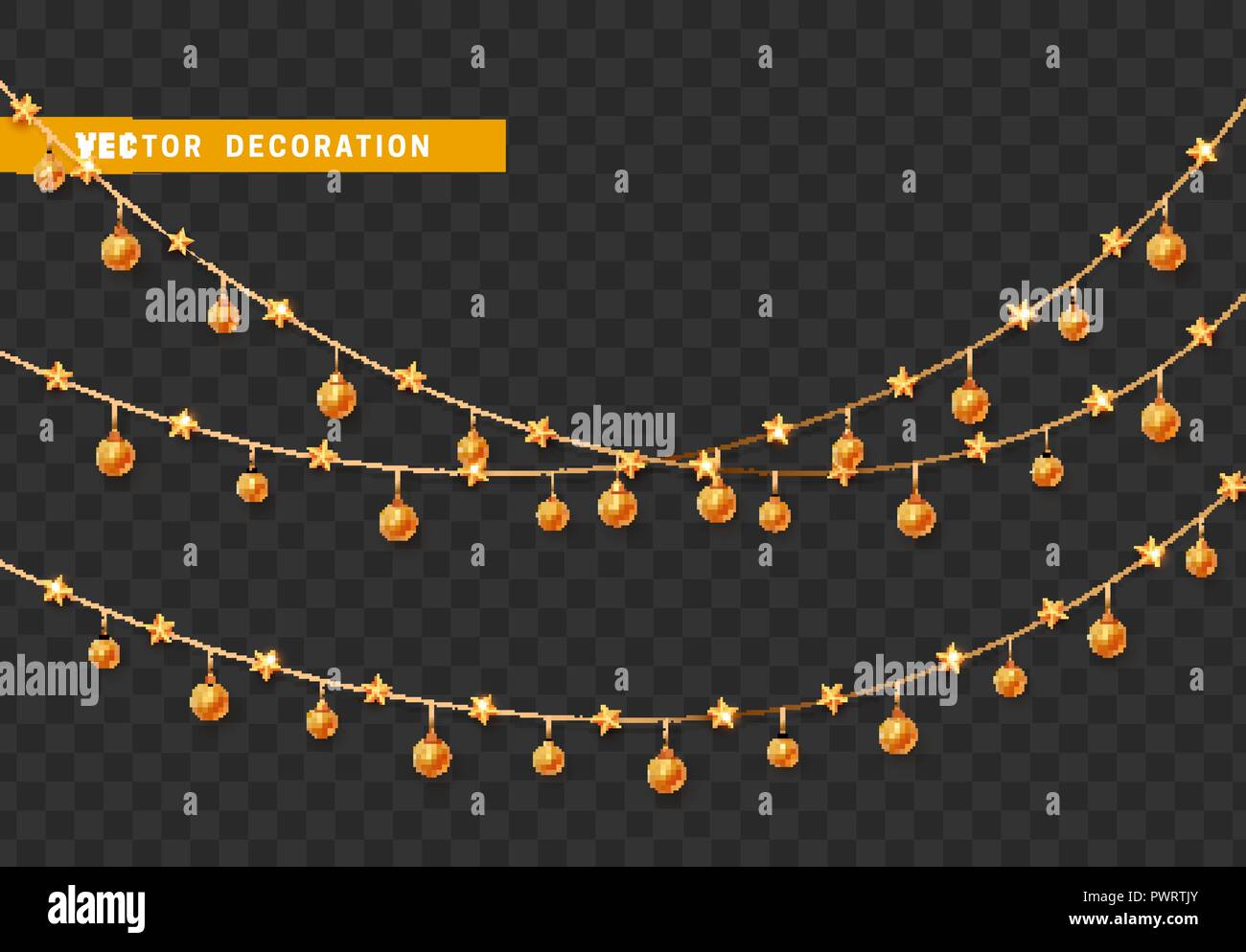 Christmas decorations isolated on transparent background. Gold garlands ...
