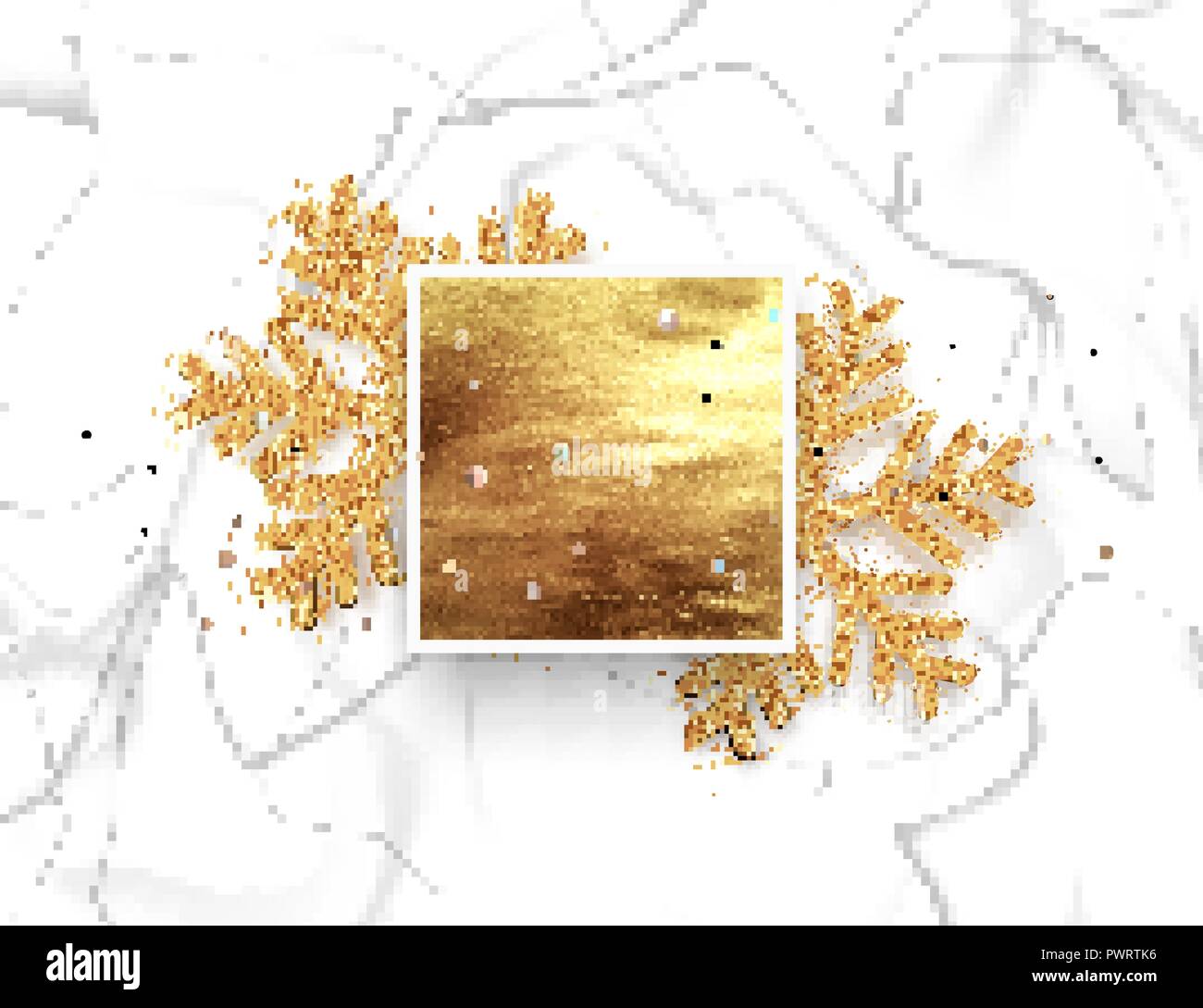 Celebrate golden frame. Gold winter ornament with snowflakes texture ...