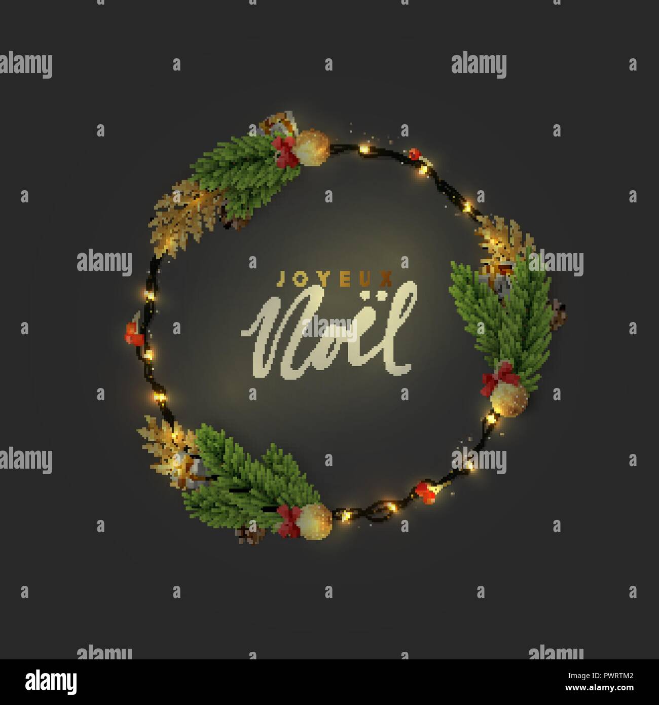 French text Joyeux Noel. Christmas background of circular frame with ...