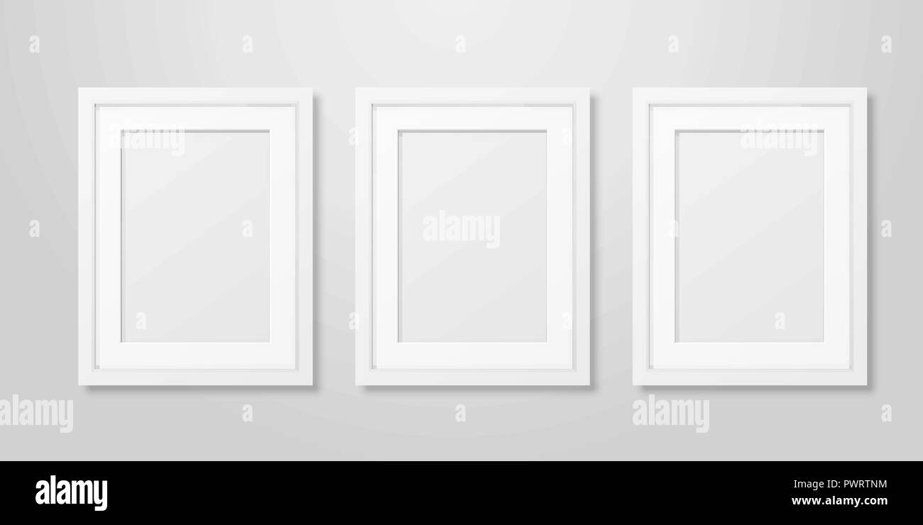 Three Vector Realistic Mofern Interior White Blank Vertical A4 Wooden Poster Picture Frame Set ...