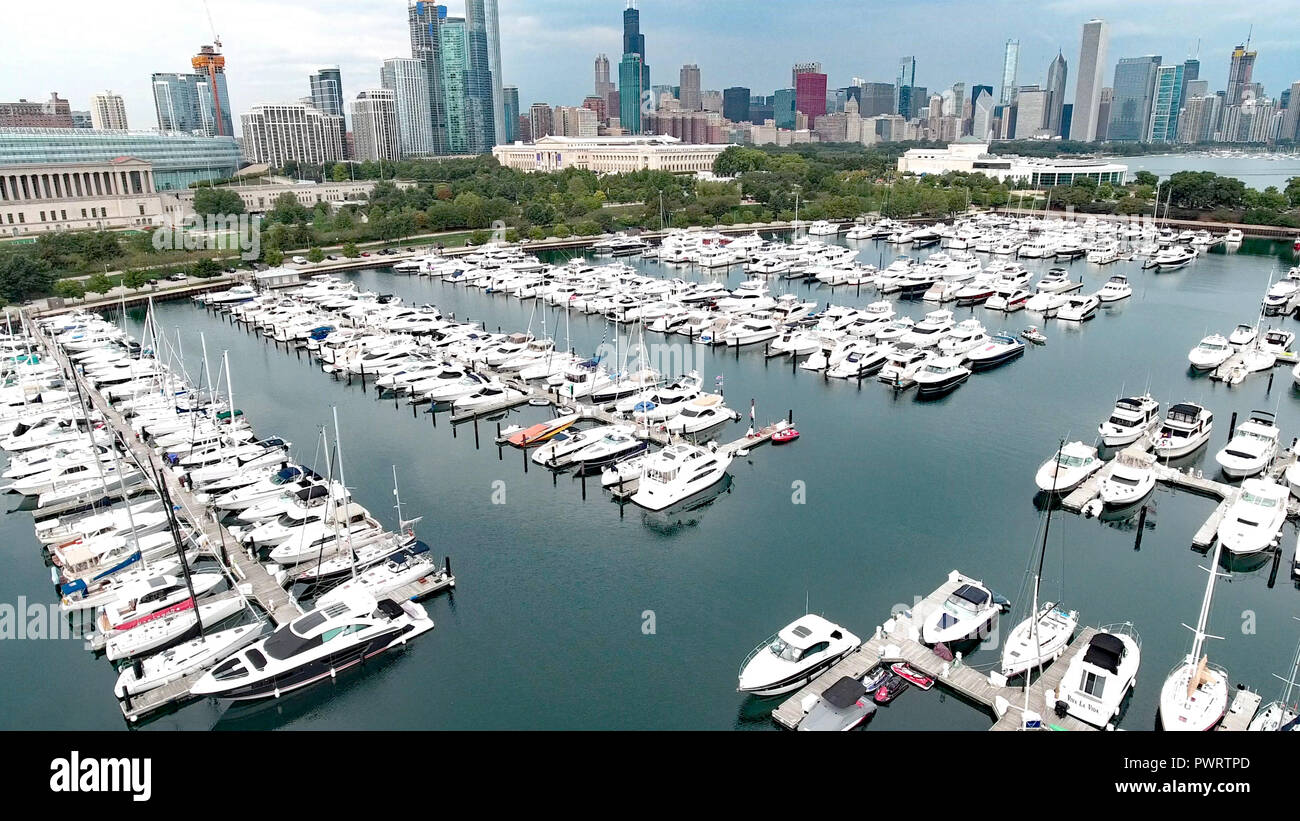 Chicago, Illinois lakefront aerial seen from the shores of Lake ...