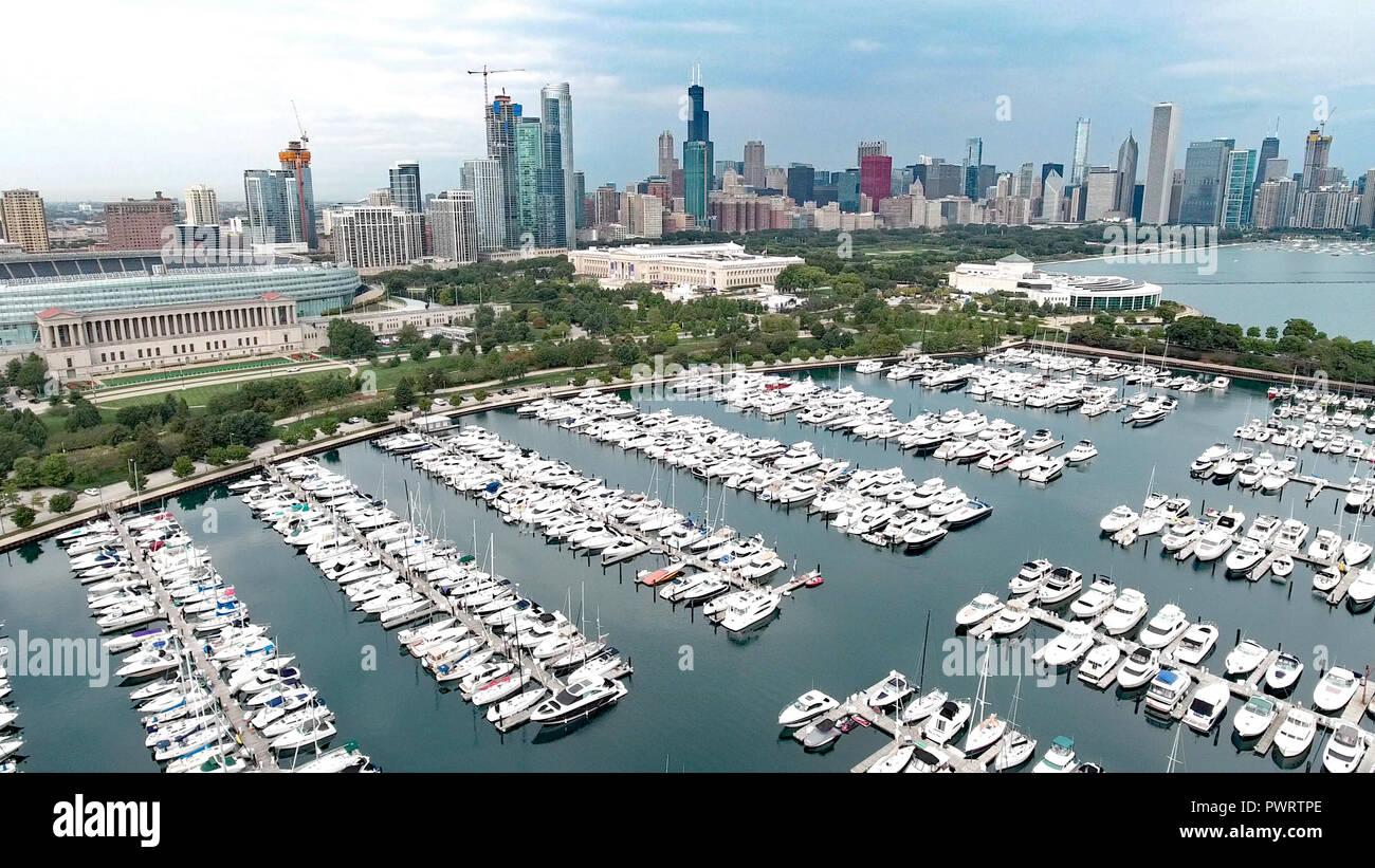 Chicago, Illinois lakefront aerial seen from the shores of Lake ...