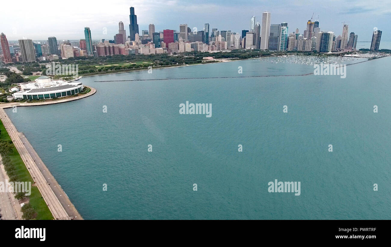 Chicago, Illinois lakefront aerial seen from the shores of Lake ...