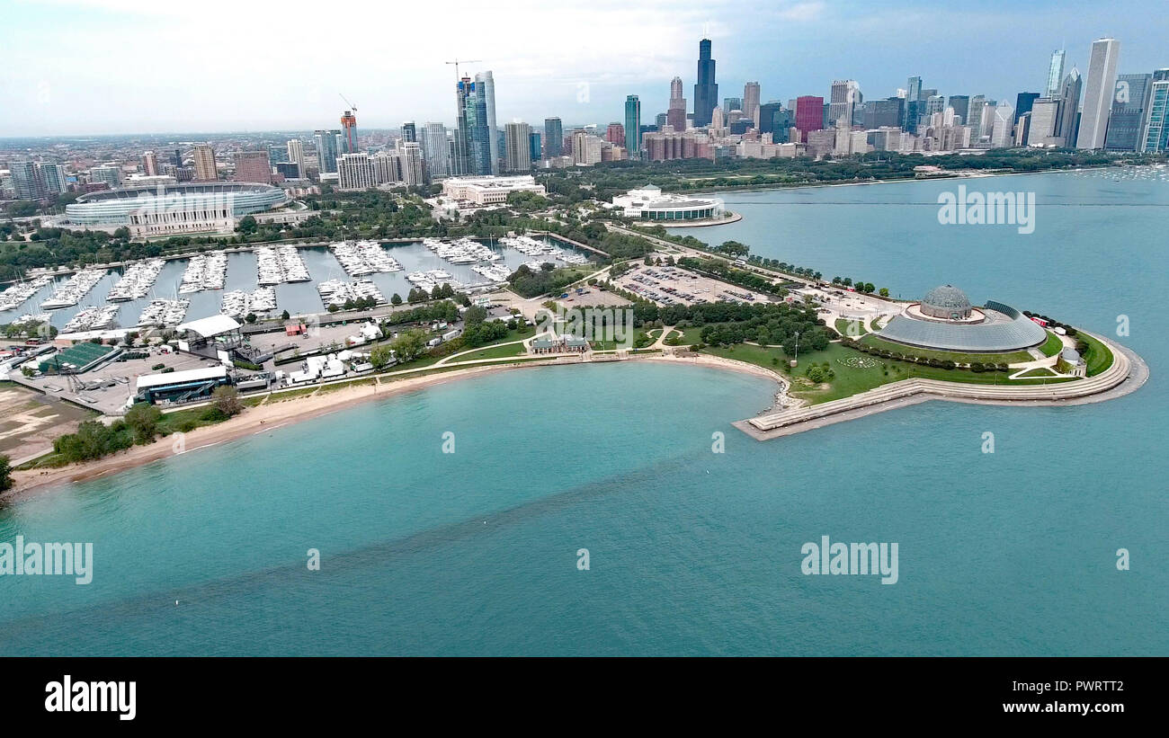 Chicago, Illinois lakefront aerial seen from the shores of Lake ...