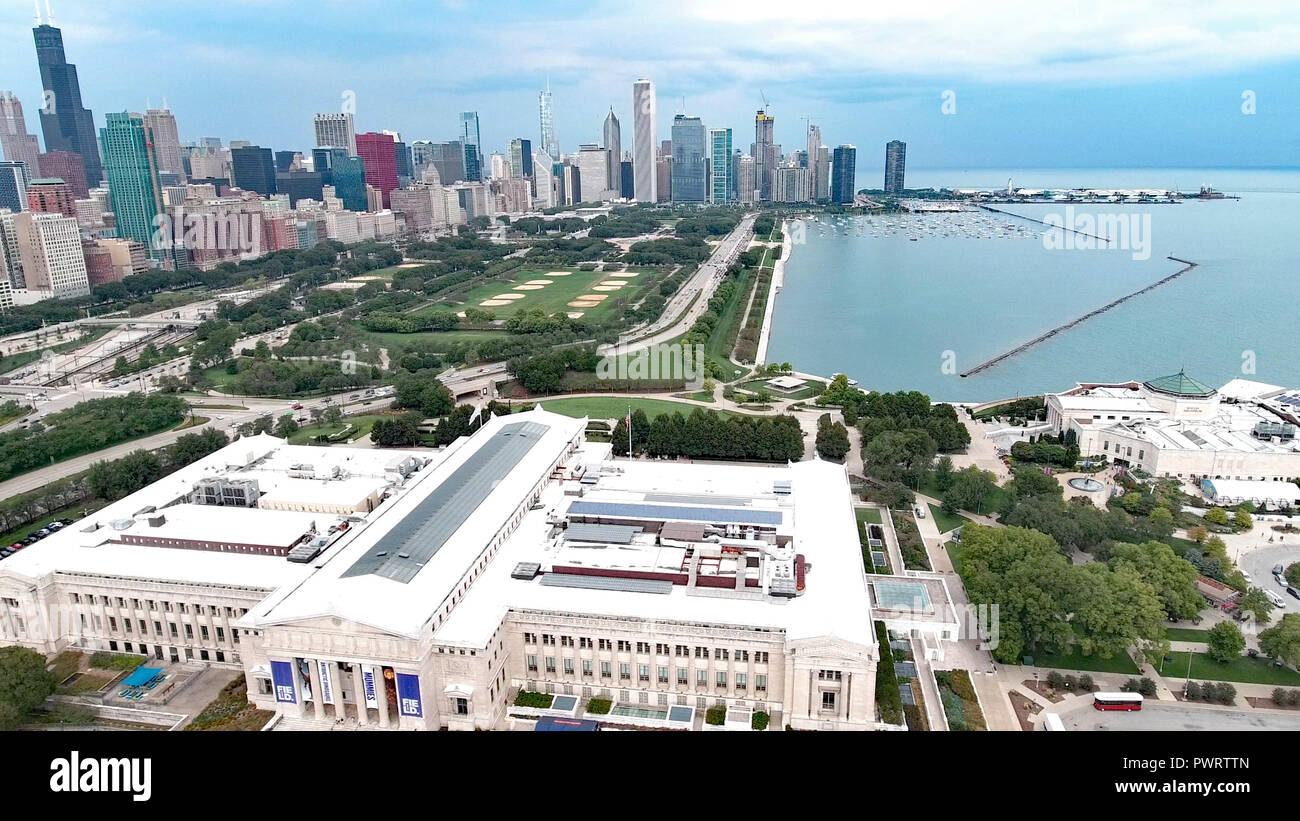 Chicago, Illinois lakefront aerial seen from the shores of Lake ...