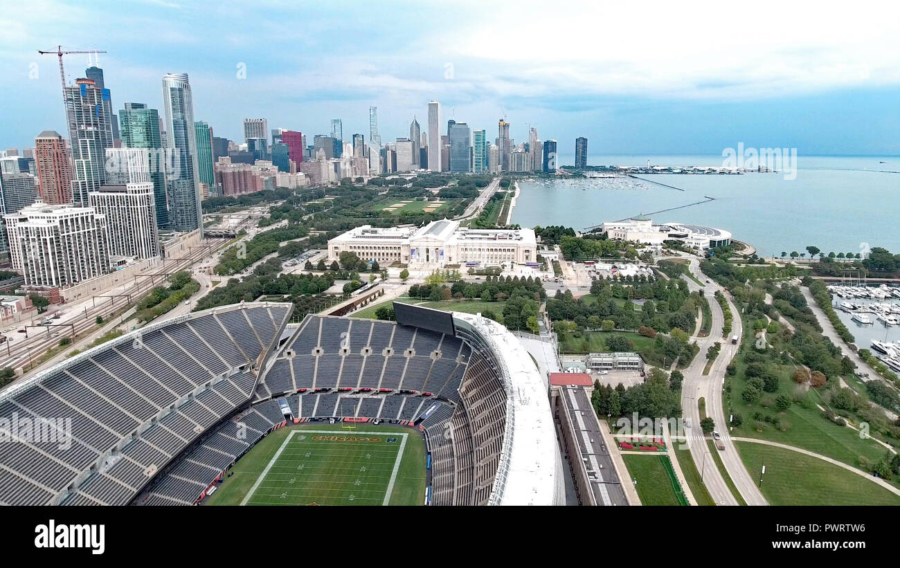 Chicago, Illinois lakefront aerial seen from the shores of Lake ...
