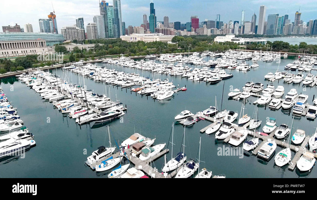 Chicago, Illinois lakefront aerial seen from the shores of Lake ...