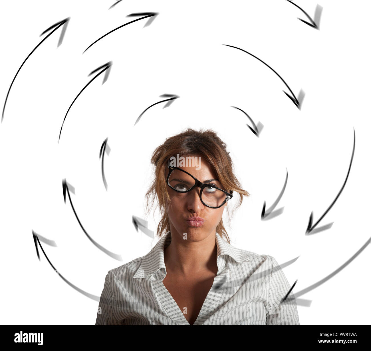 Confused businesswoman has dizziness. Concept of stress and overwork ...