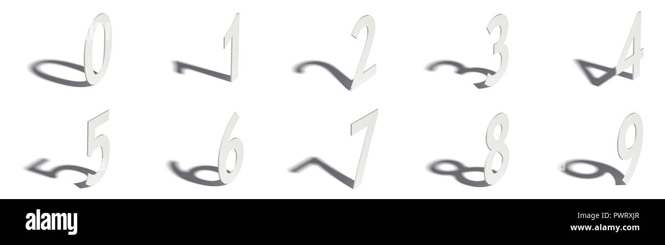 Drop shadow digit Numbers 0-9 3D render illustration isolated on white ...