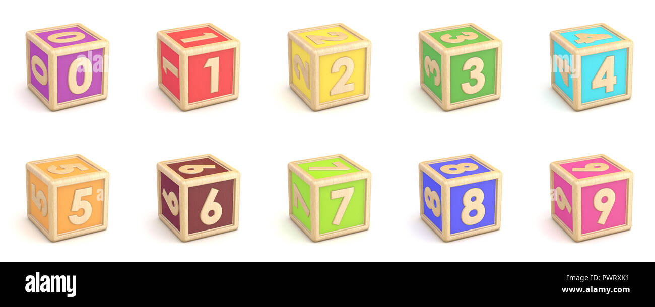 Number collection wooden alphabet blocks font 3D render illustration ...