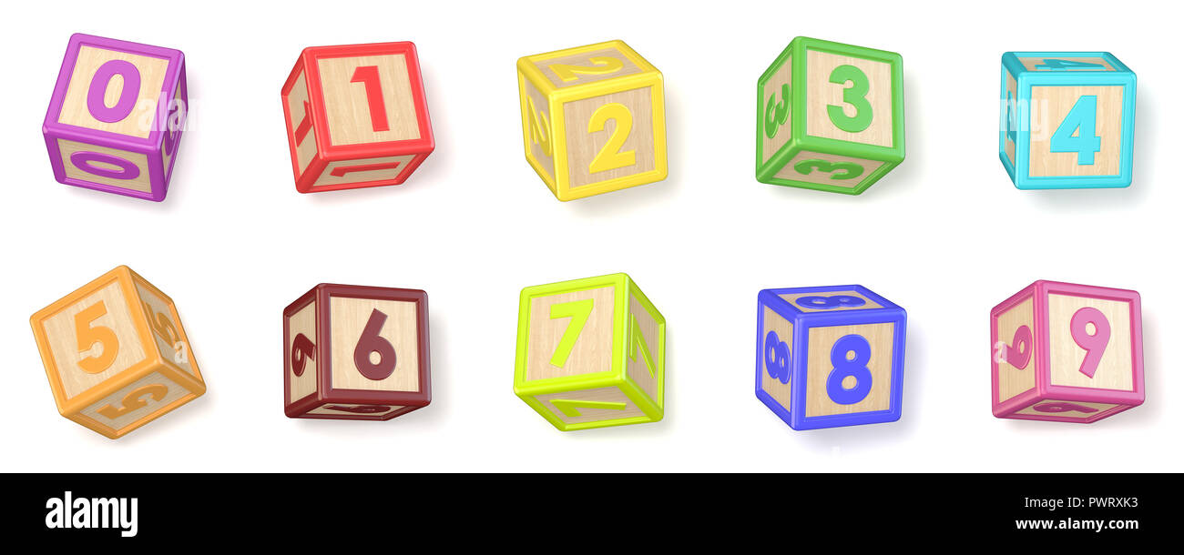 Numbers wooden alphabet blocks font rotated 3D render illustration ...