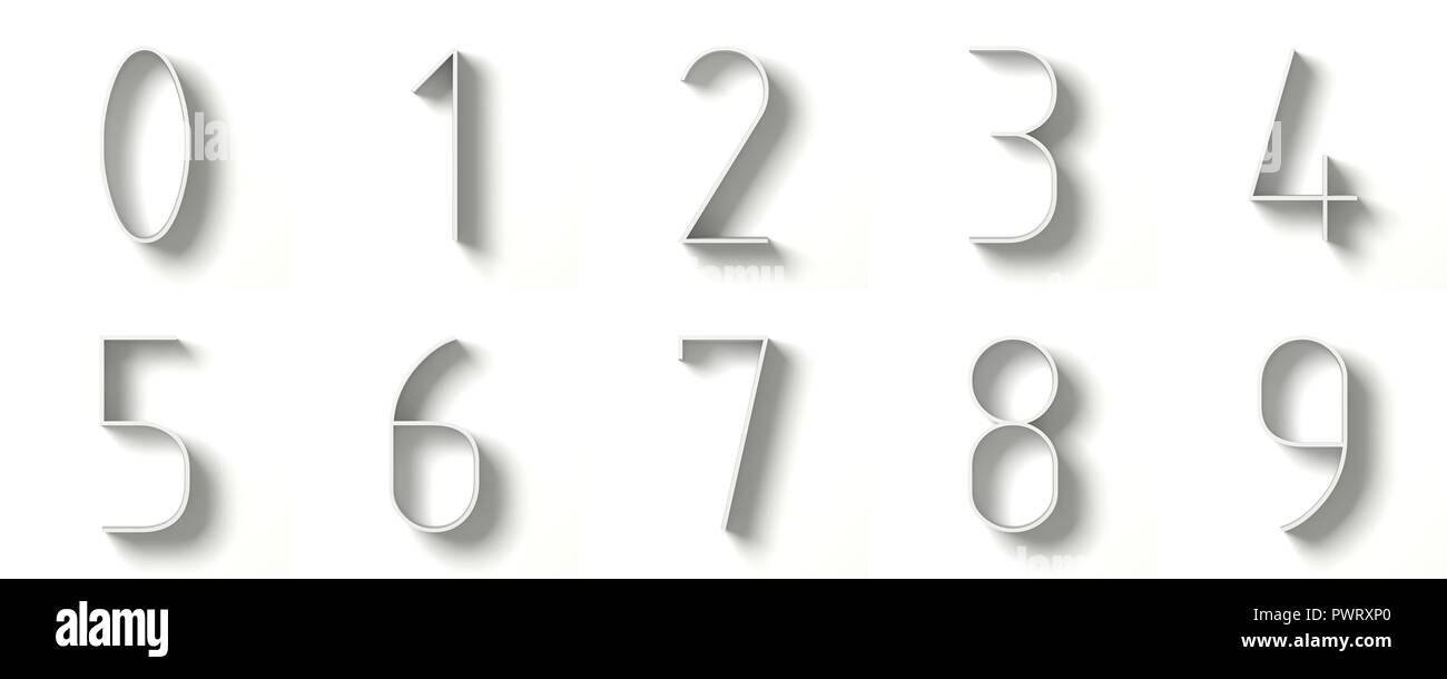 Long shadow digits Numbers 0-9 3D render illustration isolated on white ...