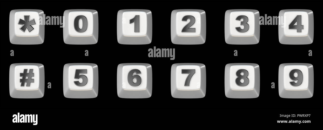 Computer keyboard key NUMBERS 3D render illustration isolated on black ...