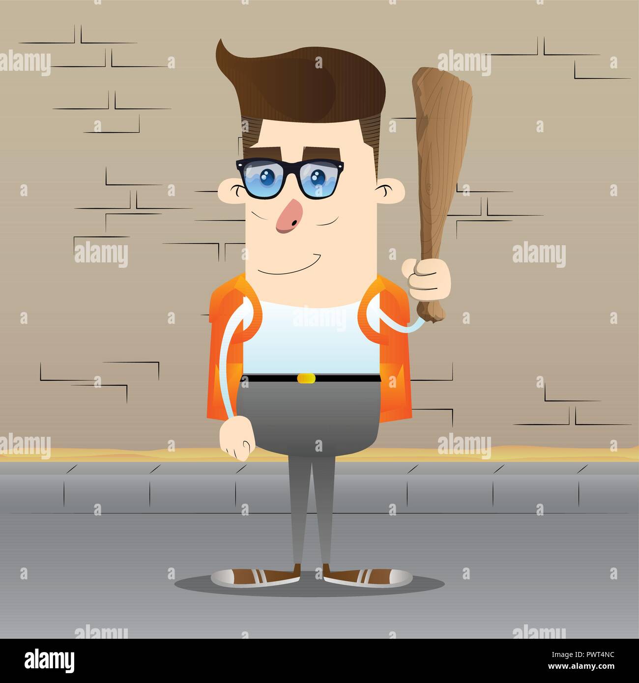 Schoolboy holding wooden club in his hand. Vector cartoon character ...