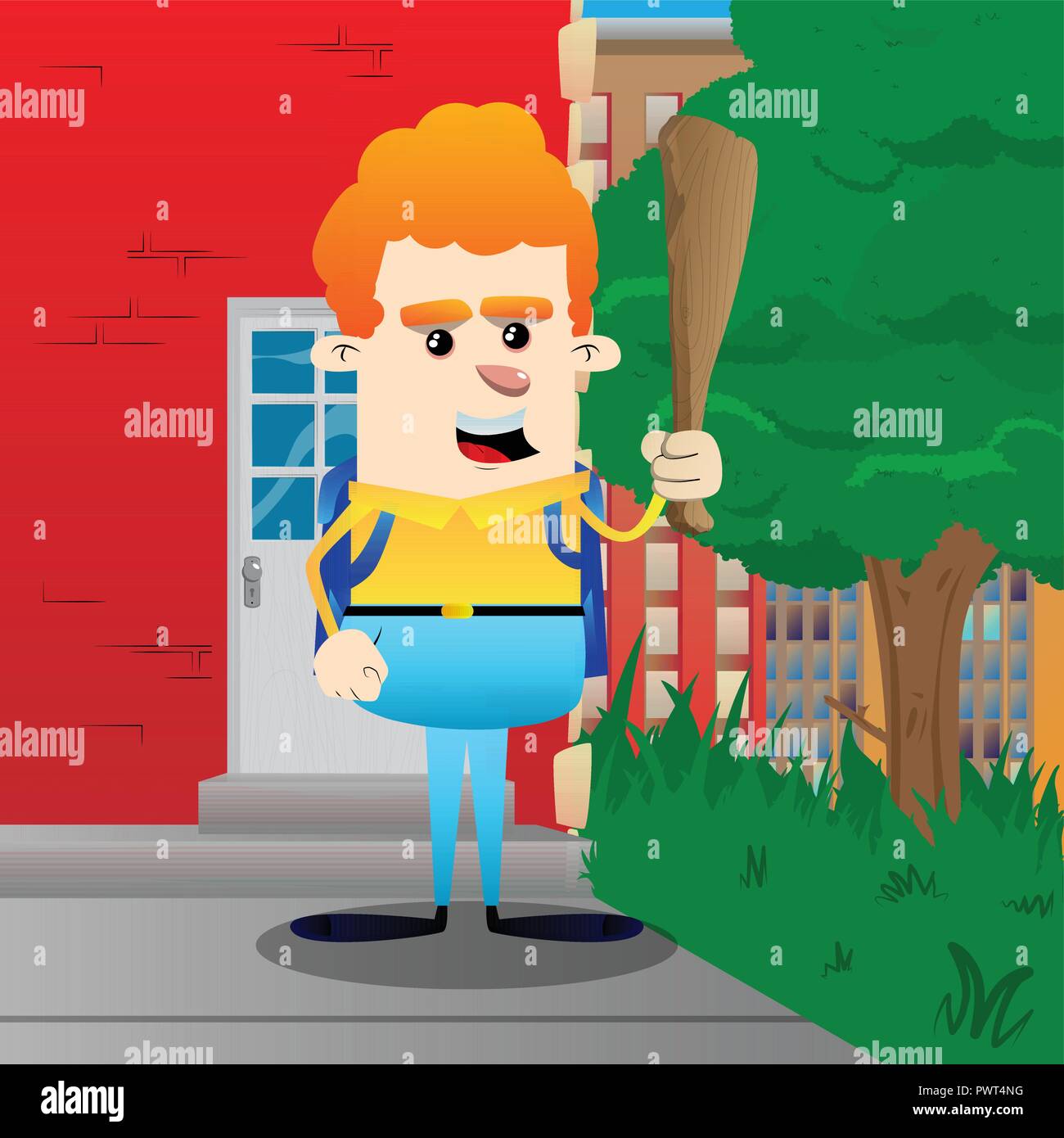 Schoolboy holding wooden club in his hand. Vector cartoon character ...