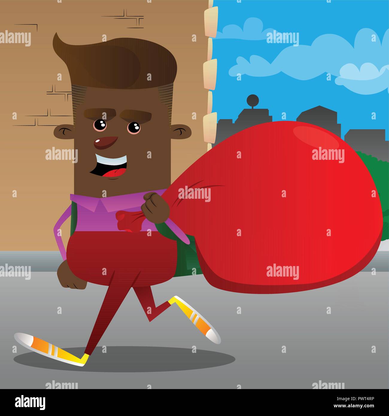 Schoolboy carrying big red Santa's Christmas sack. Vector cartoon ...