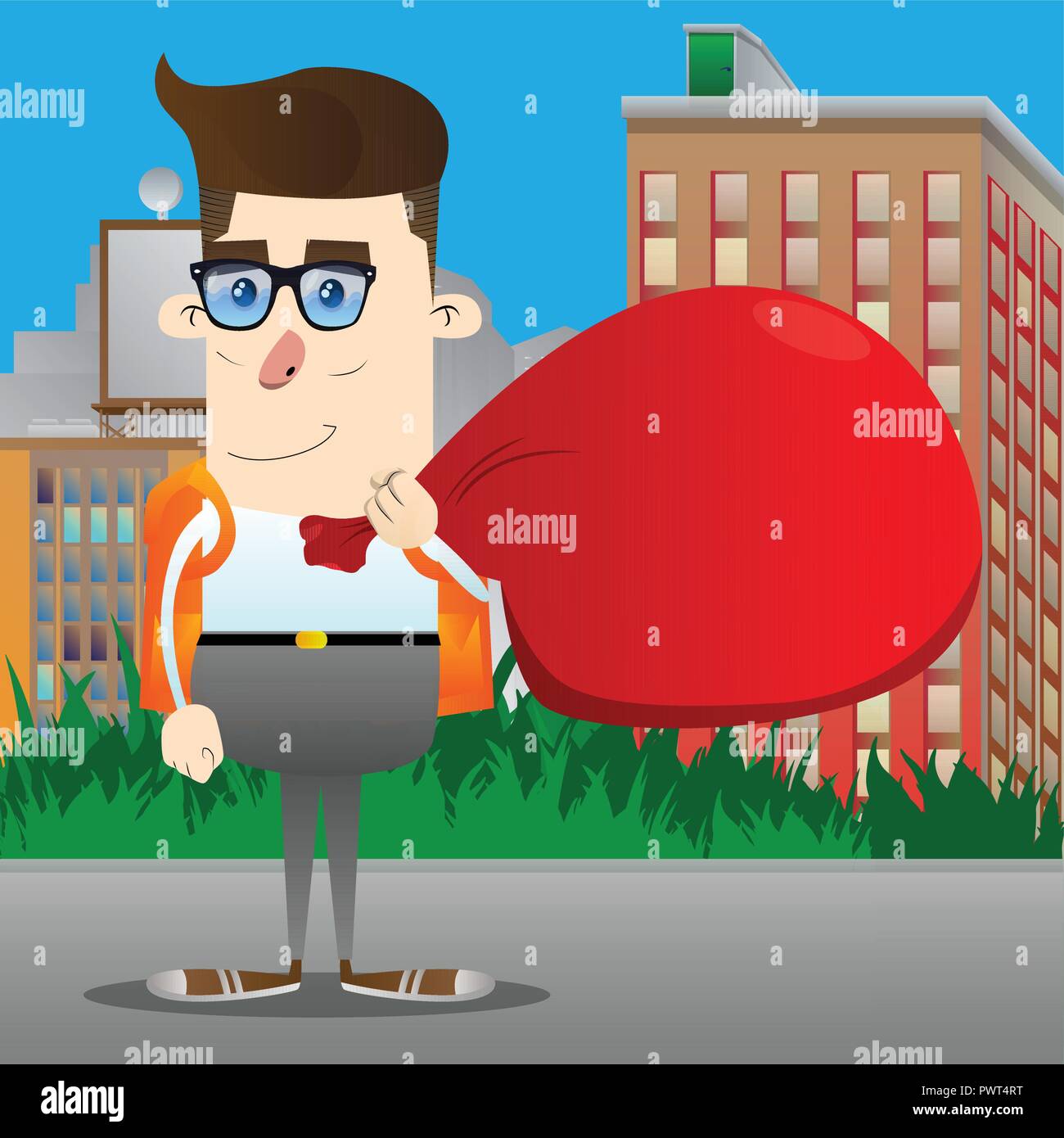 Schoolboy carrying big red Santa's Christmas sack. Vector cartoon ...