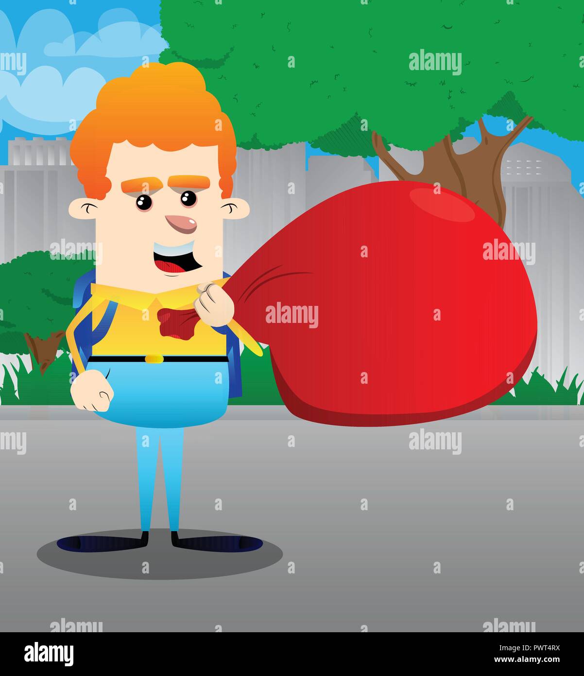 Schoolboy carrying big red Santa's Christmas sack. Vector cartoon ...