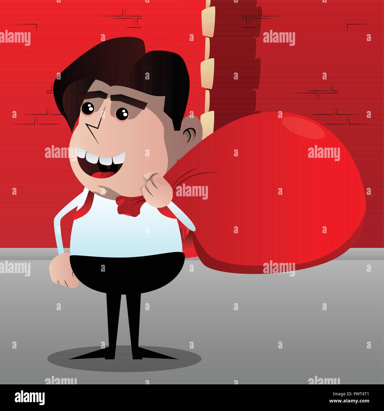 Schoolboy carrying big red Santa's Christmas sack. Vector cartoon ...