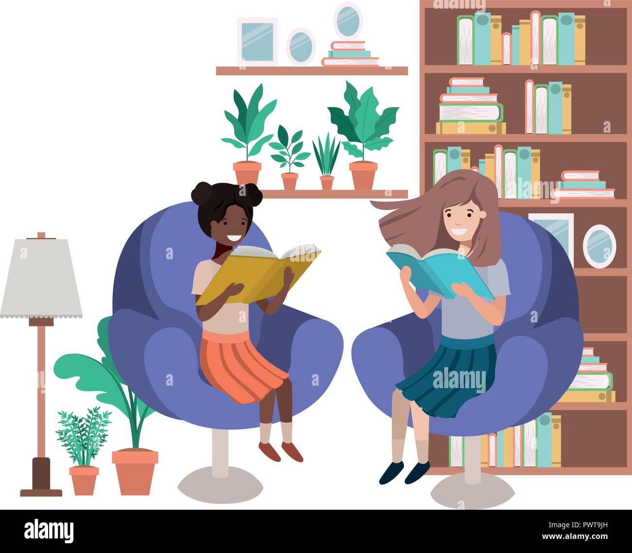 Two women reading book Stock Vector Images - Alamy