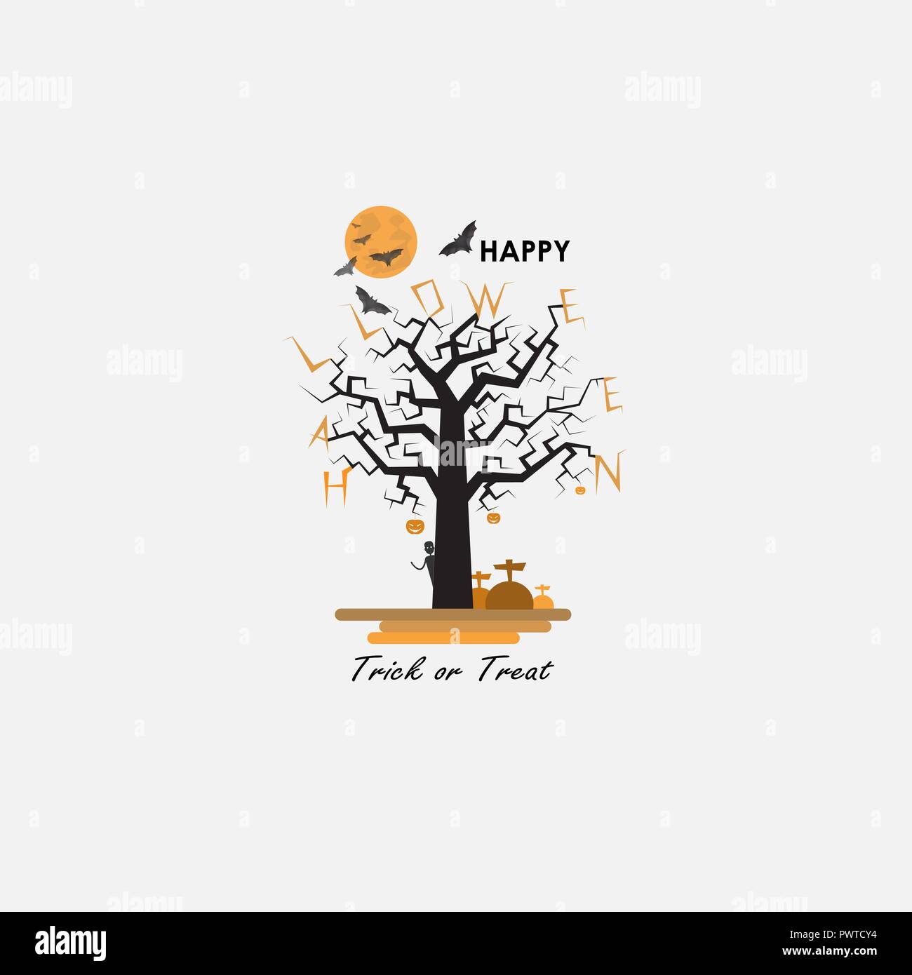 Full moon & Big tree Halloween abstract vector banner logo calligraphy ...