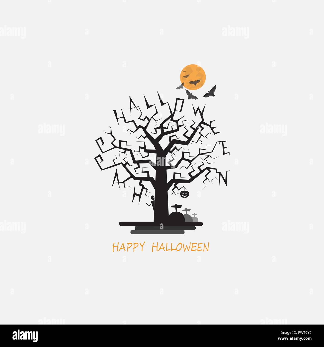 Full moon & Big tree Halloween abstract vector banner logo calligraphy ...