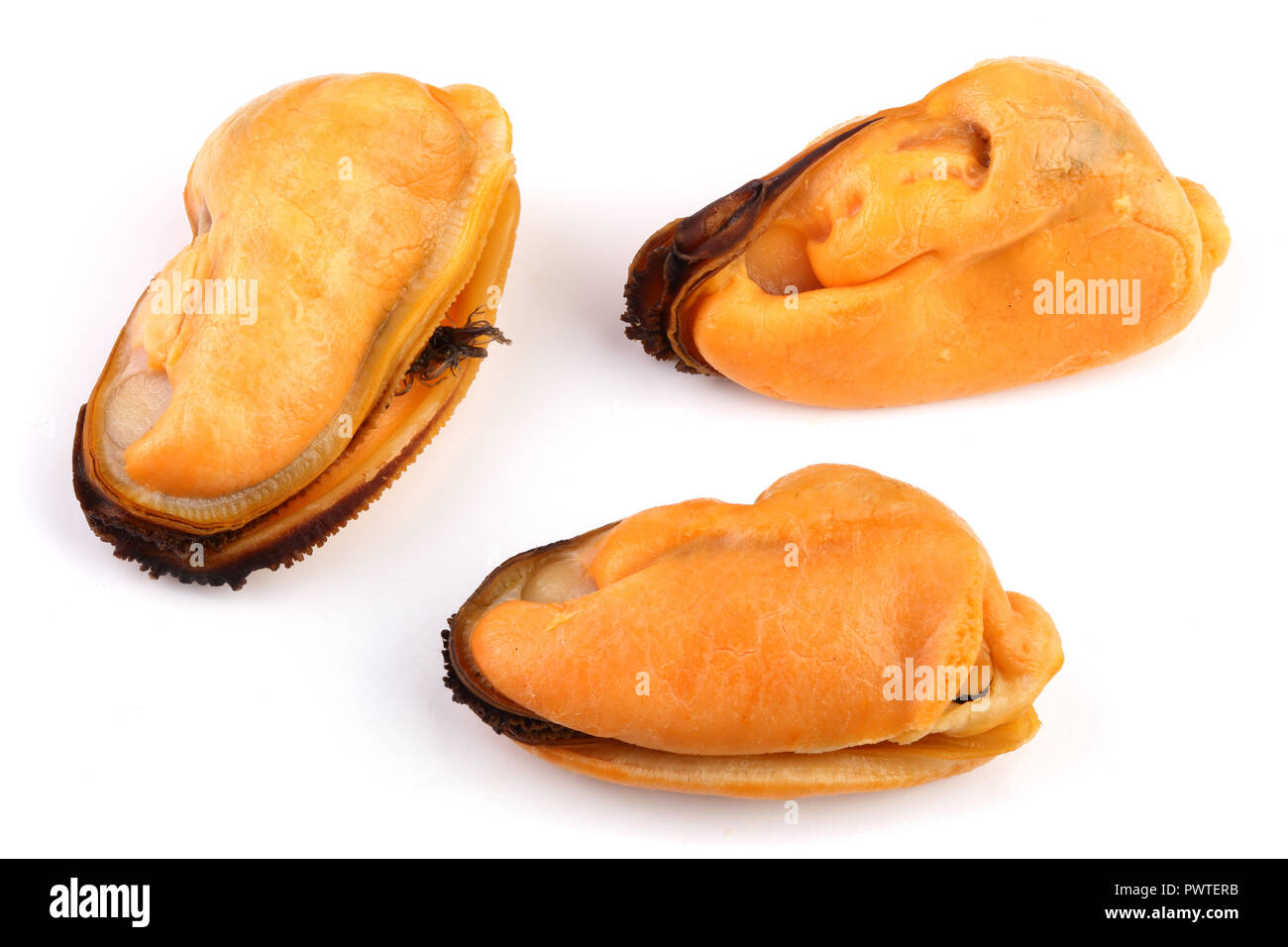 three mussel without shell isolated on white background Stock Photo - Alamy