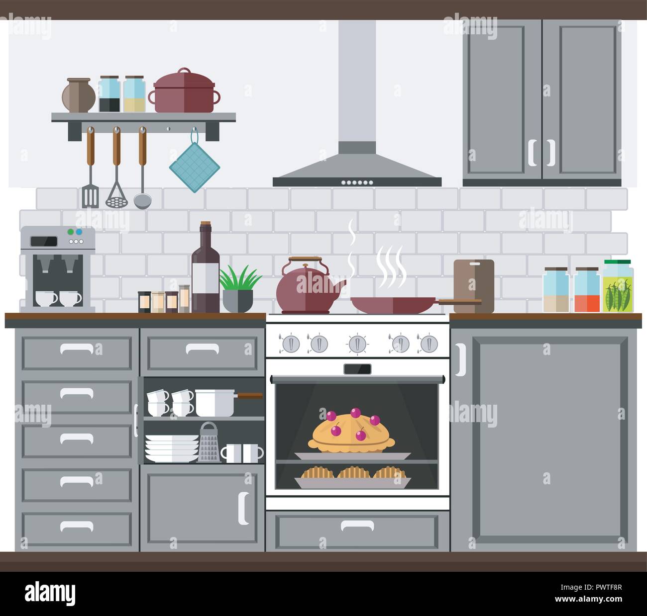 Modern kitchen interior with cabinets, stove and utensils. Vector set ...