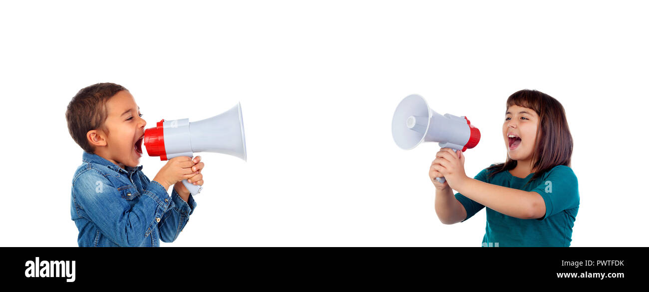 Funny children shouting through a megaphone isolated on white ...