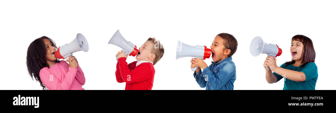 Funny children shouting through a megaphone to his friend. Isolated on ...