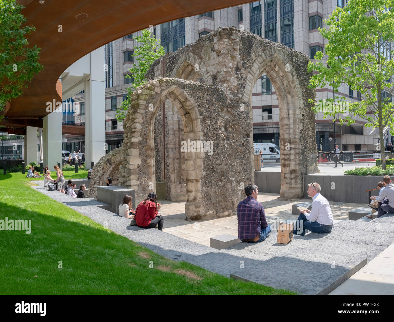 The ruins of St Alphage church on London Wall, reinstated during the ...