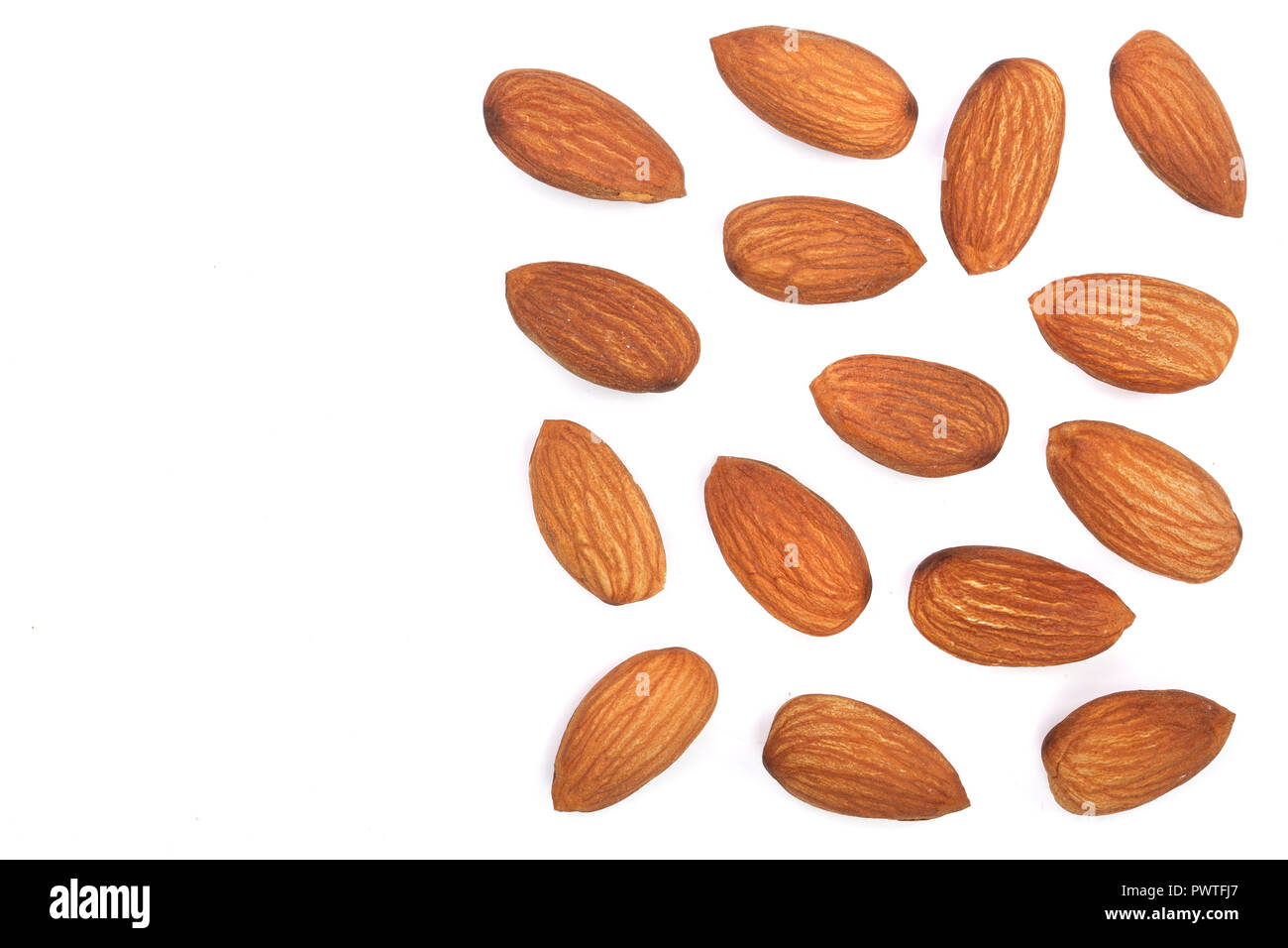almonds isolated on white background with copy space for your text. Top ...