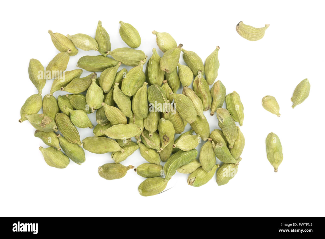 Green cardamom seeds isolated on white background. Top view. lay flat ...