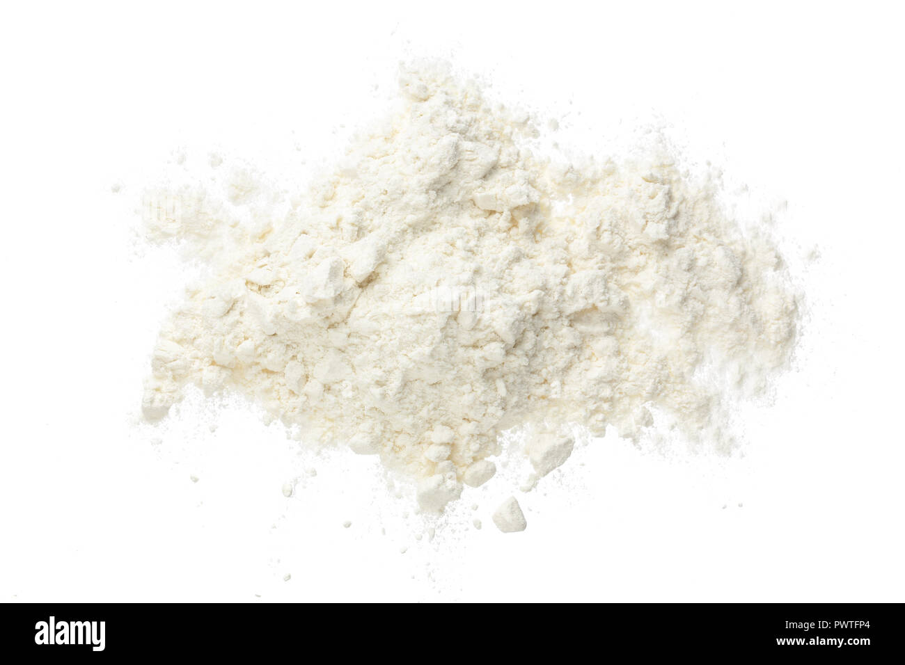 Pile of flour isolated on white background. Top view. Flat lay Stock ...