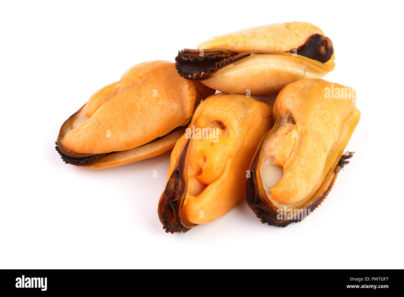 four mussel without shell isolated on white background Stock Photo - Alamy