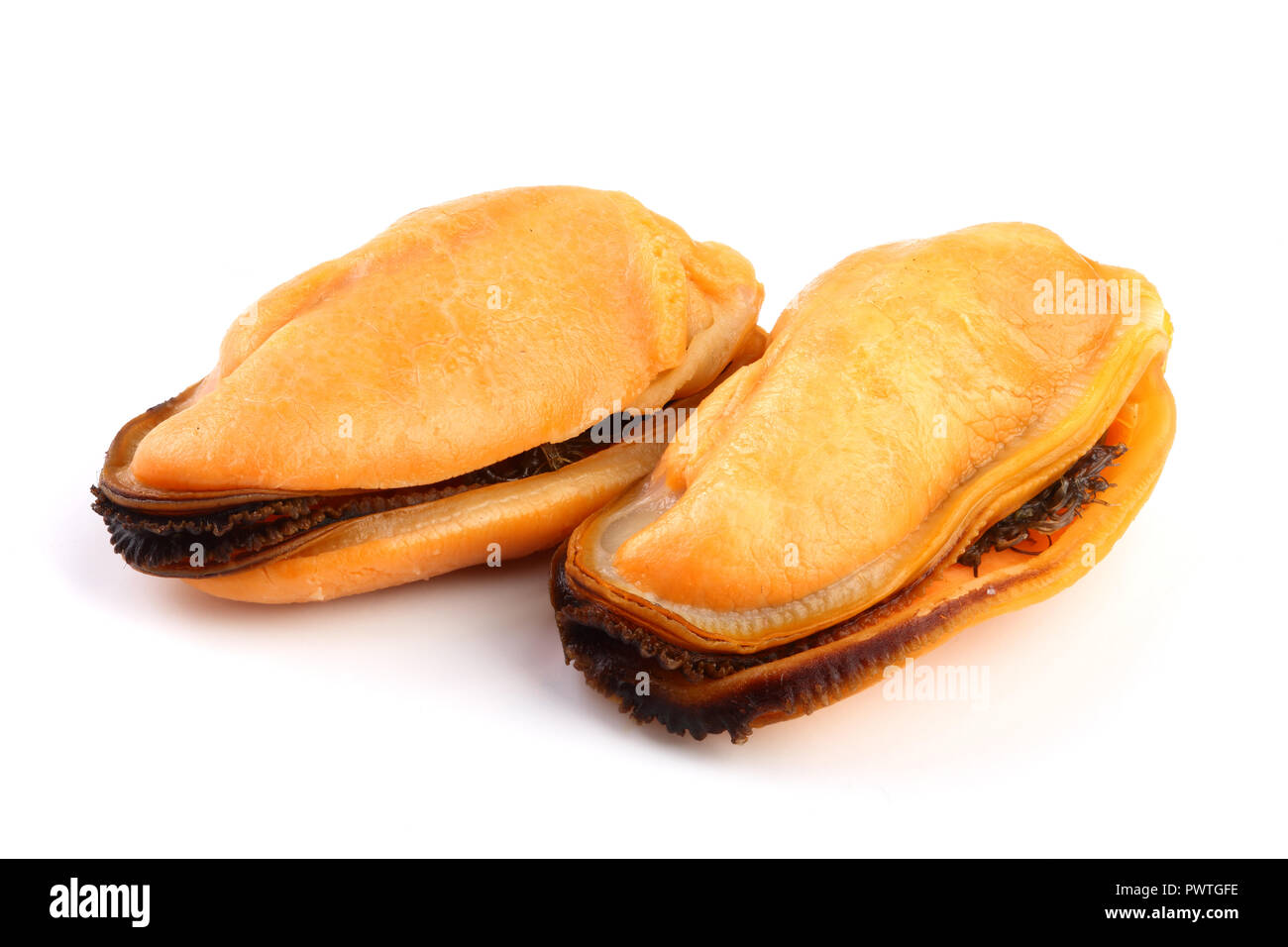 two mussel without shell isolated on white background Stock Photo - Alamy