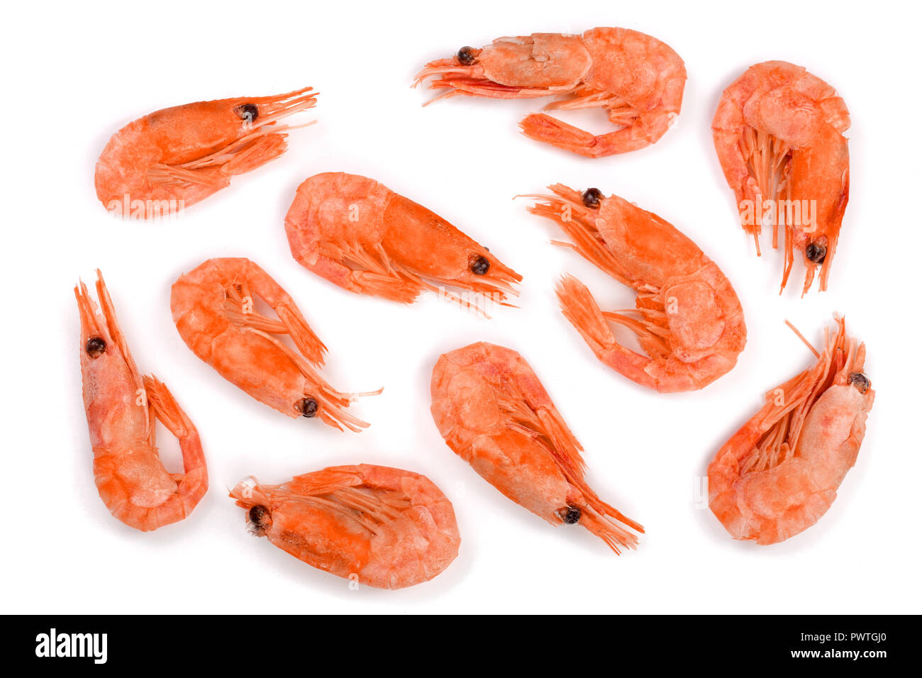 Red cooked prawn or shrimp isolated on white background. Top view. Flat ...