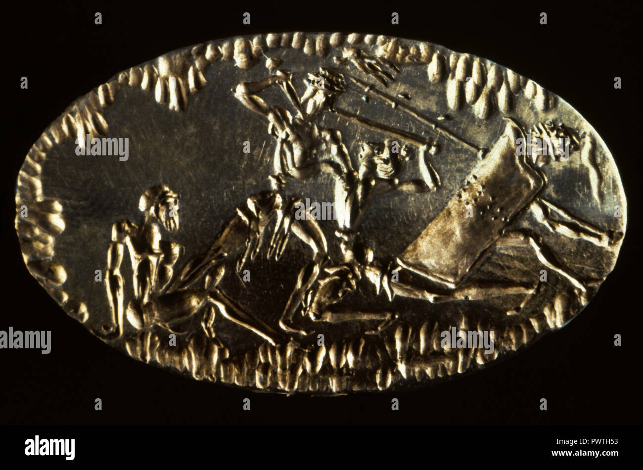 Stamp depicting a fight between four men. Gold. Tomb IV. Circle A. 16th ...