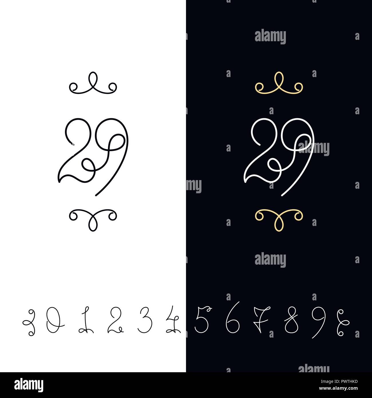 Set of vector calligraphy numbers from 0 to 9. Lined ornate monogram ...