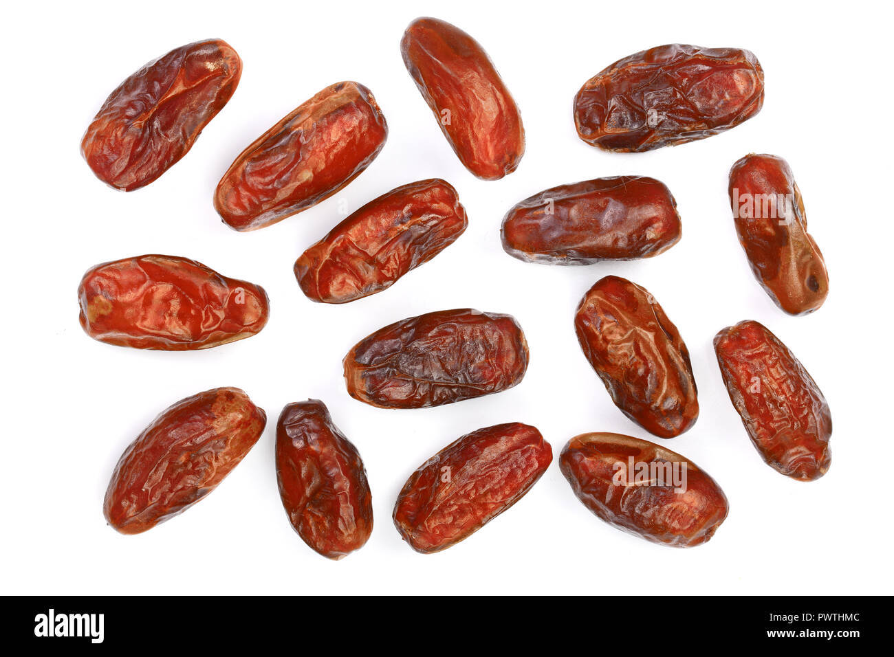 dry dates isolated on white background. Top view. Flat lay pattern ...